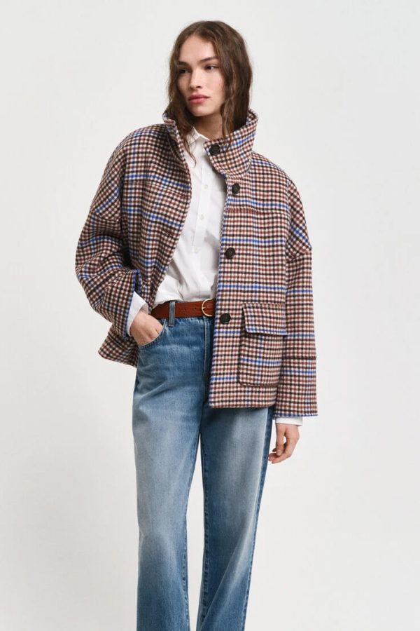 Gant Checked Cropped Wool Jacket - College Blue - Johannesens Klädeshandel
